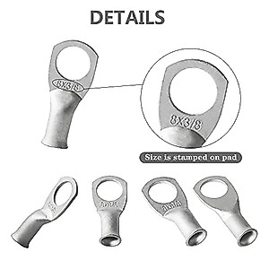 PONFY 10PCS Tinned Pure Copper Battery Lugs,1/0 AWG - 1/2" UL Listed Ring Terminals Wire Lugs Battery Cable Ends Tin Coated Heavy Duty Closed End Crimp Connectors Kit - Marine Grade