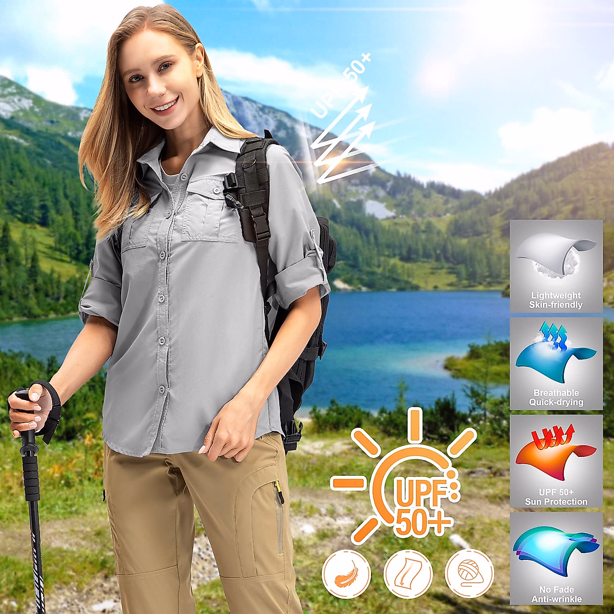 Women's Quick Dry Sun UV Protection Convertible Long Sleeve Safari Shirts for Hiking Camping Fishing Sailing#5070 Light grey,XL