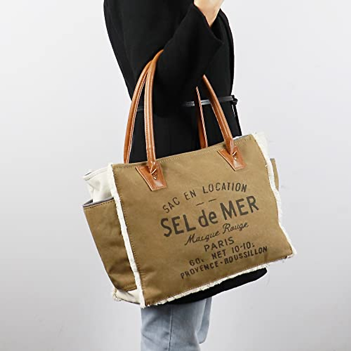 Lamyba Sel De Mer Canvas HandBag Upcycled Canvas Leather Tote Bag,Small