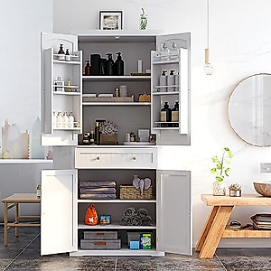 SILKYDRY 72" Tall Kitchen Pantry Cabinet, Freestanding Cupboard w/ 4 Doors & 1 Drawer, 6 Hanging Shelves & 4 Adjustable Shelves, Versatile Storage Cabinet for Dining Room, Laundry, Living Room, White