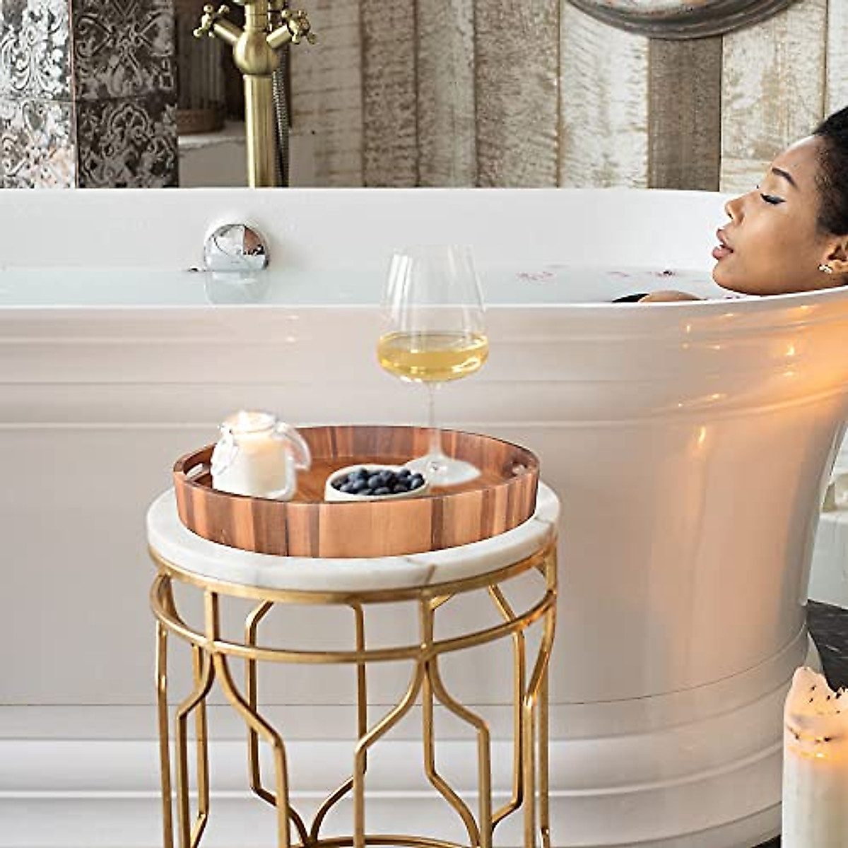 Round Wooden Serving Tray with Handles, 15¾" Large Diameter Wood Serving Trays for Ottoman, Rustic Acacia Circle Tray for Eating, Entertaining, Decorating and Organizing