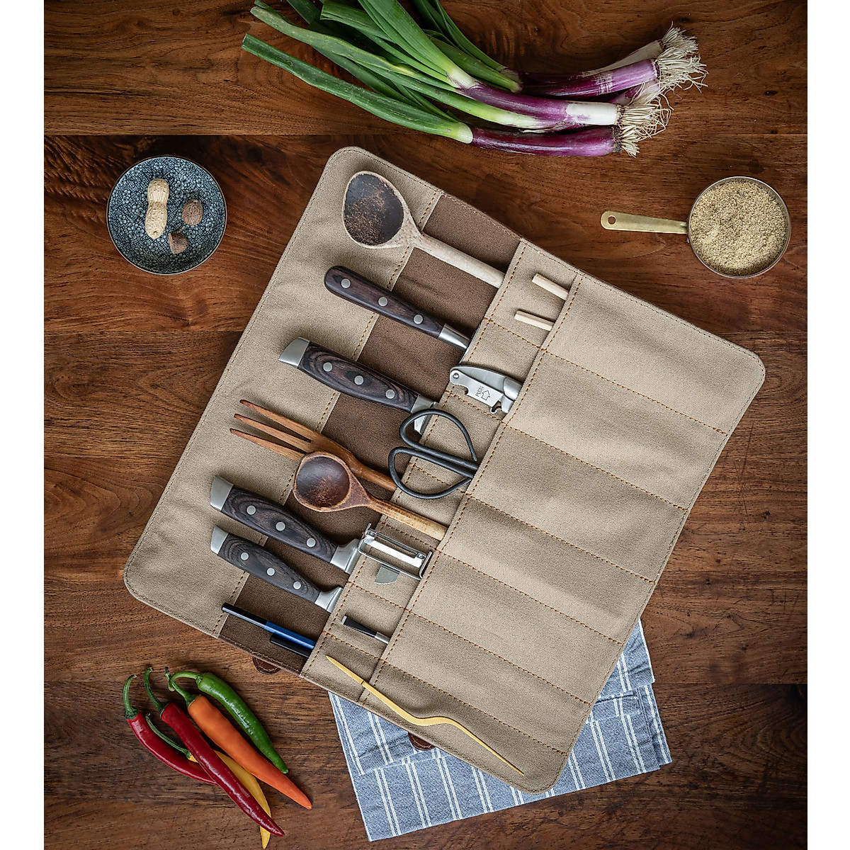 Angus Stoke knife roll bag made of real buffalo leather | 14-slot leather knife case for chef's knives - large knife bag Duplex (brown)