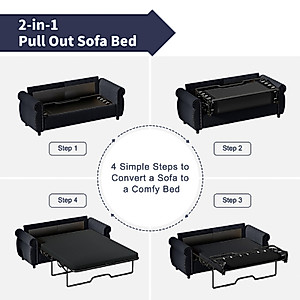 ijuicy 74" Full Size Pull Out Sofa Bed, 2-in-1 Pull Out Couch Bed with Rivets Armrest, Linen Sleeper Sofa with Memmory Foam Mattress,Modern Sofa Bed for Living Room(Upgraded/Dark Grey/Full)