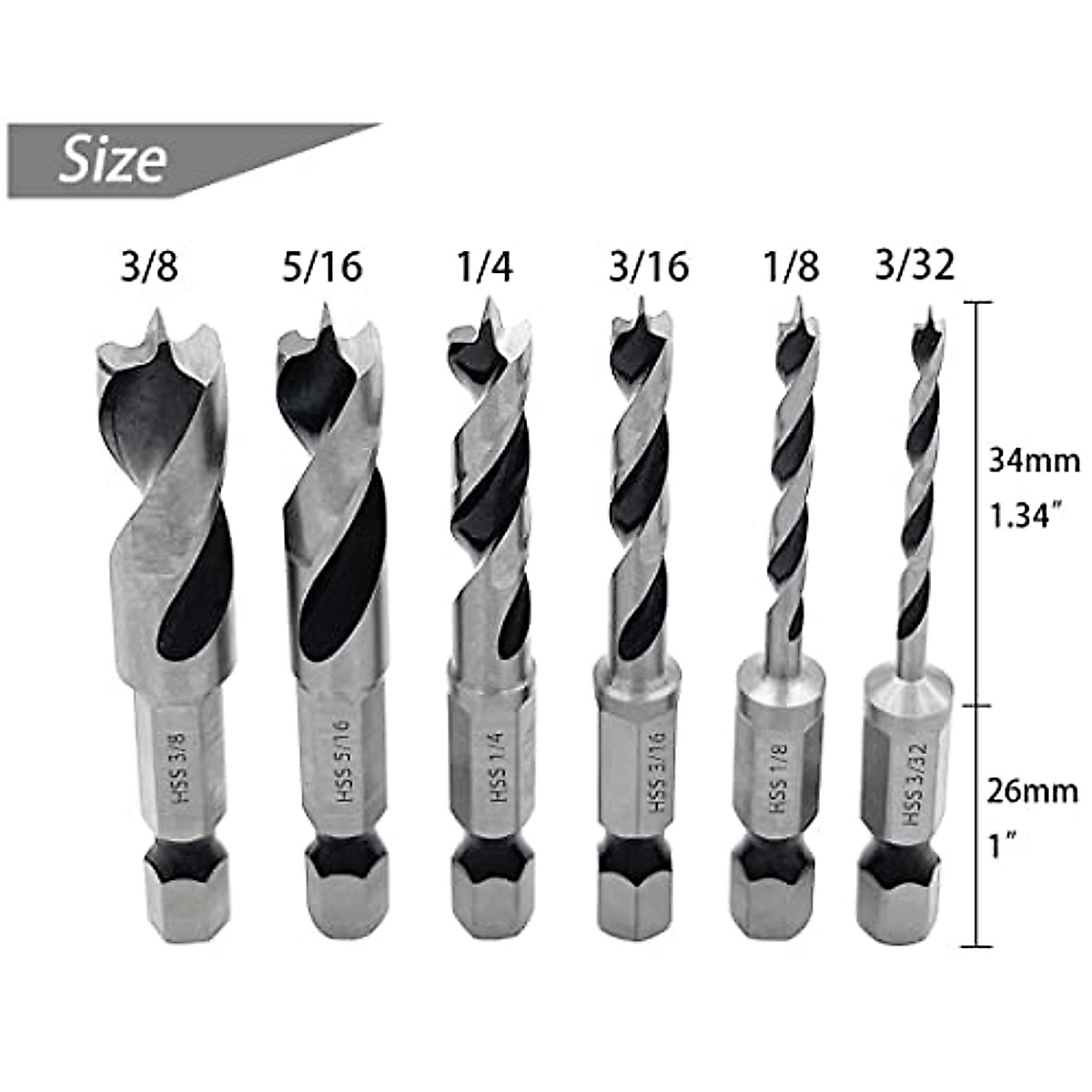 Saipe 6pcs 1/4" Quick Change Hex Shank Wood Brad Point Stubby Short Drill Bit Set HSS 4241 Woodworking Drill for Right Angle Drill and Used in Tight Spaces