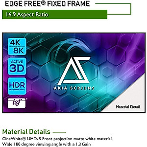 Akia Screens 145 inch Edge Free Fixed Frame Projector Screen 145" Diagonal 16:9 8K 4K Ultra HD 3D Ready CINEWHITE UHD-B Black Projection Screen for Indoor Movie Video Home Theater AK-NB145H