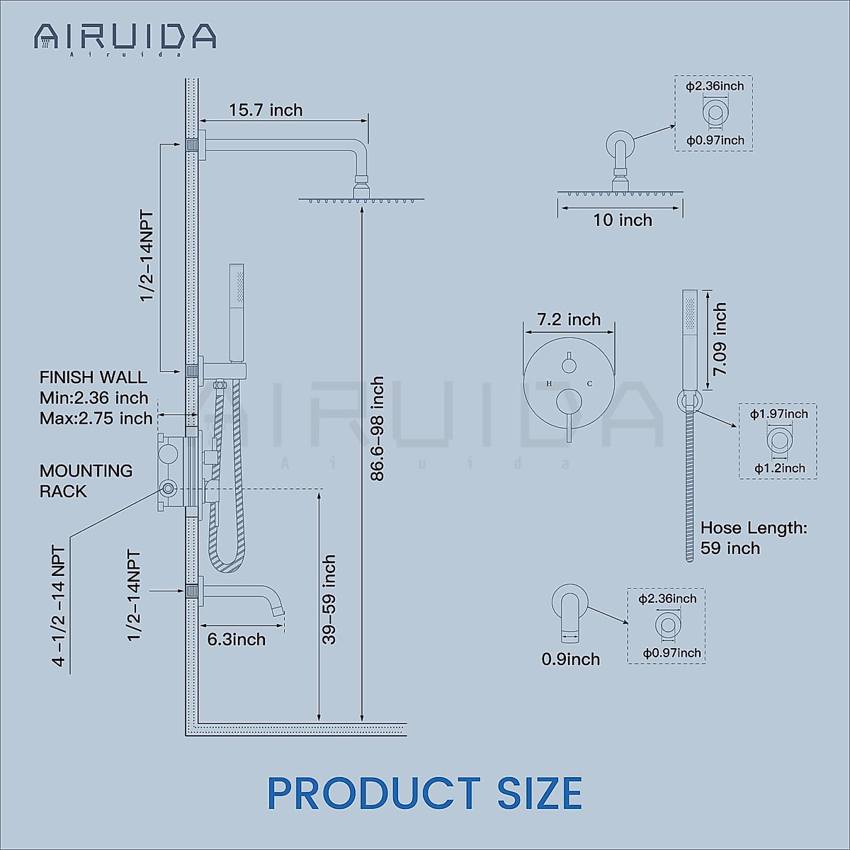 Airuida Round Shower System Set with Tub Spout, Wall Mount 3 Function Rain Shower Faucet Set, Matte Black 10 Inches Round Shower Head with 2 Functions Handheld Shower