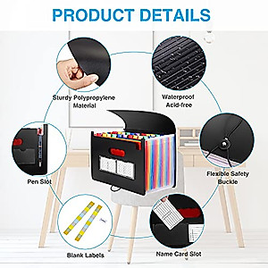 Sooez 24 Pockets Expanding File Folder with Blank Labels, According File Organizer with Expandable Cover, Desktop Accordion Folders Letter A4 Paper Document Storage Organizer, Black