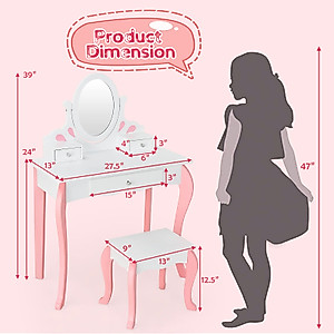 Costzon Kids Vanity Set with Mirror, 2 in 1 Princess Makeup Dressing Table w/Detachable Top, Toddler Vanity with 360° Rotating Mirror, Drawers & Stool, Pretend Play Vanity Set for Little Girls, White