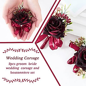 Spirit Up Art 2 Pack Burgundy Wrist Corsage and Boutonniere Set for Groom Bride Groomsmen Bridesmaids Artificial Rose Wristlet Flower Men Boutonnieres for Wedding Party Prom Suit Decorations