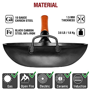 YOSUKATA Carbon Steel Wok Pan – 13,5 “ Woks and Stir Fry Pans - Chinese Wok with Flat Bottom Pow Wok - Traditional Chinese Japanese Woks - Black Steel Wok