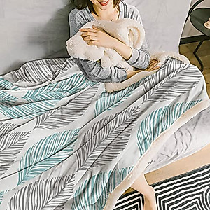 Gredice Sherpa Blankets Fleece Throw Blanket Reversible Soft Cozy Bed Blankets Abstract Seamless Plants Leaves,Flannel Sofa Throws,Grey and Teal Stripes on White Fuzzy Warm Blankets for Couch,40x50in