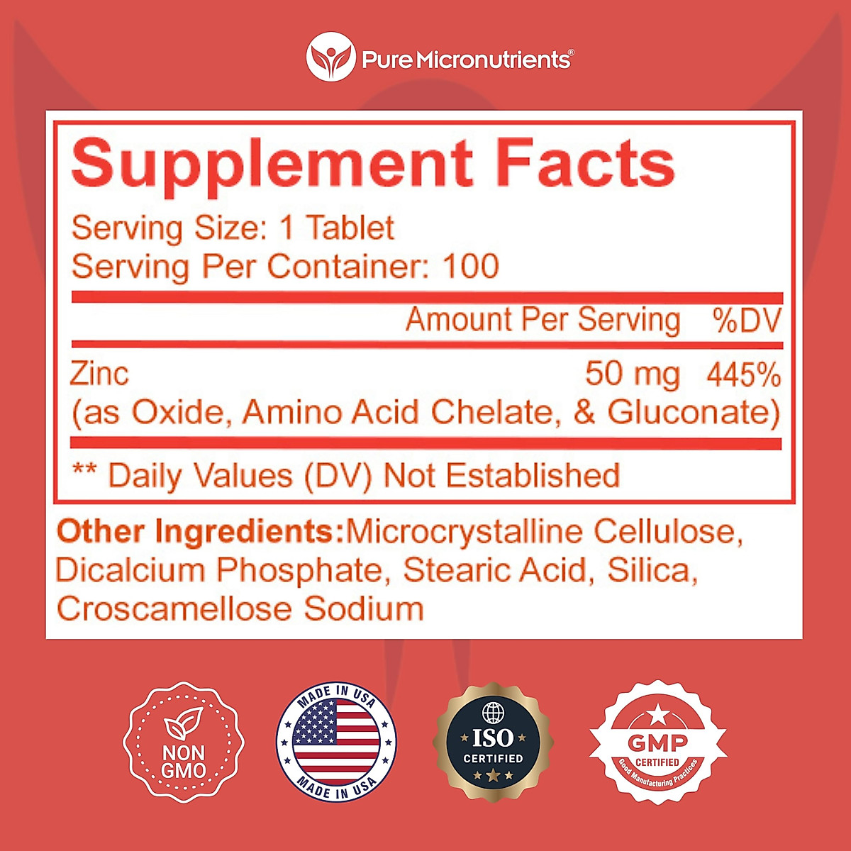 Mega Zinc Supplement, 50mg - 3-in-1 Zinc Complex - 100 Tablets - Pure Micronutrients