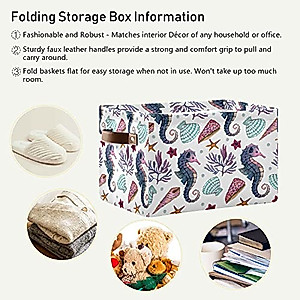 AUUXVA Ocean Starfish Seahorse Shell Storage Bins Basket, Nautical Sea Life Theme Collapsible Storage Cube Rectangle Storage Box with Handles for Shelf Closet Nursery Bedroom Home Office 1 Pack