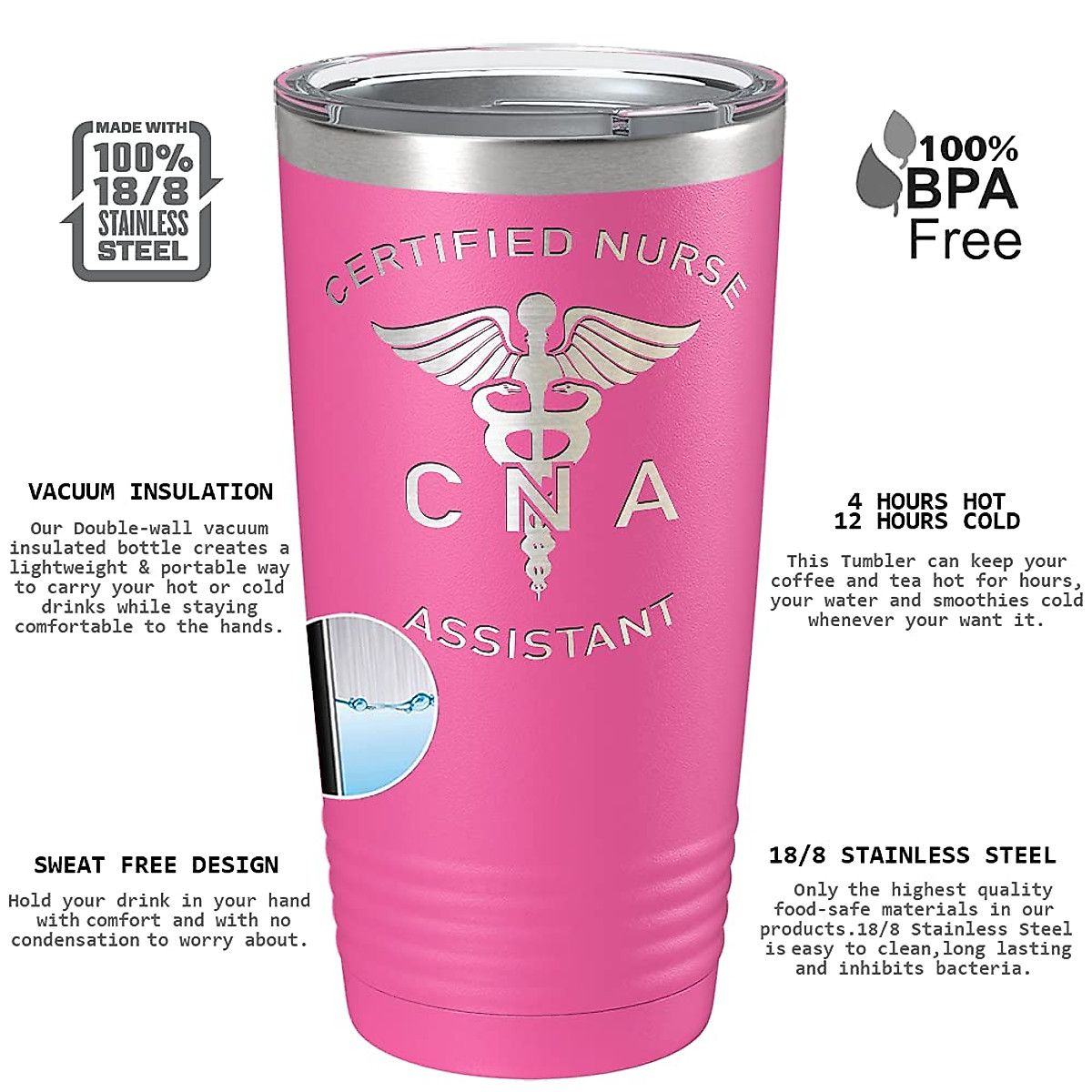 CNA Certified Nurse Assistant Gift on Pink 20 oz Stainless Steel Tumbler with Lid - Insulated Cup - Travel Mug