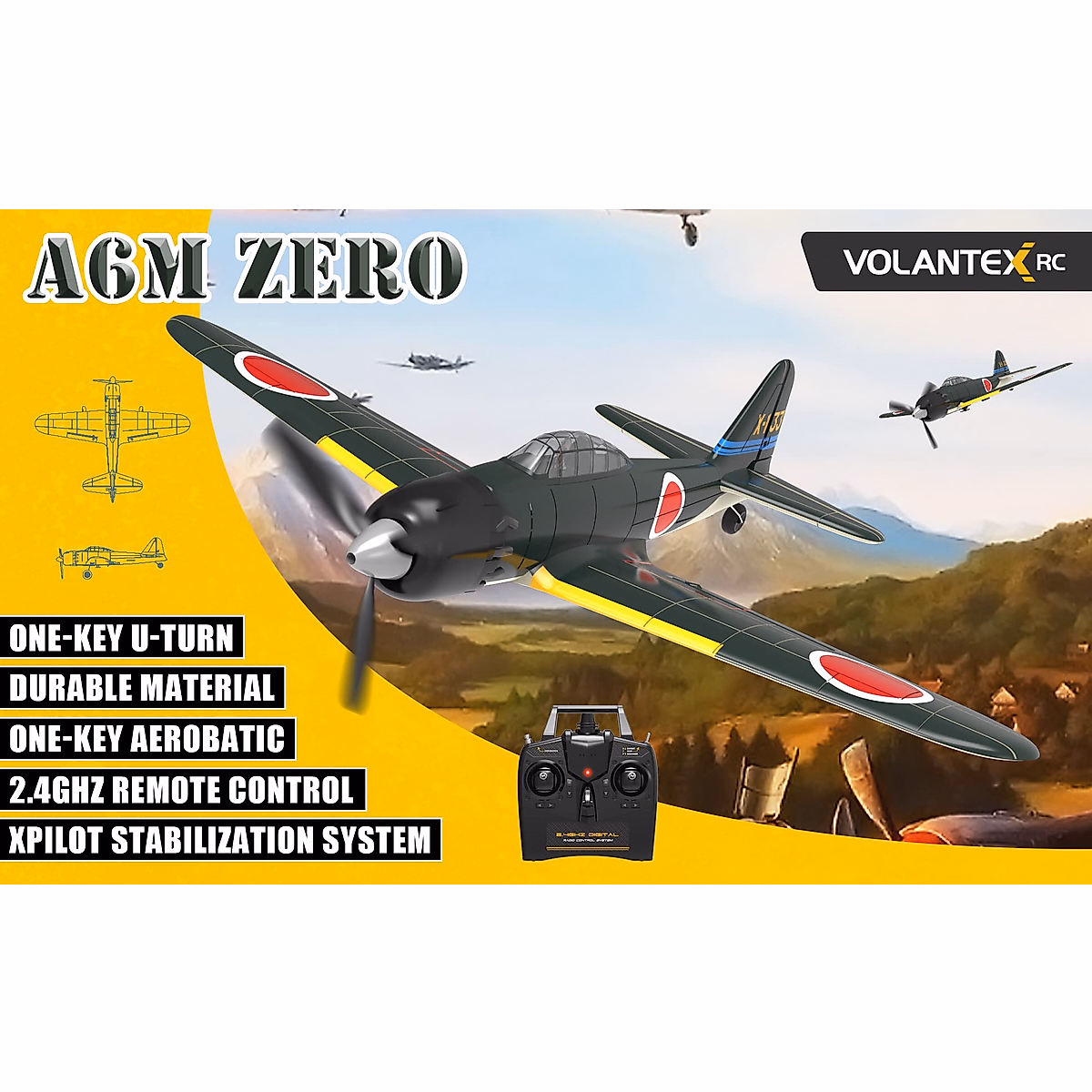 Fremego RC Plane VOLANTEX A6M Zero Fighter 2.4G 4CH Romote Control Airplane with 6-Axis Gyro Stabilizer Aerobatic 2 Batteries