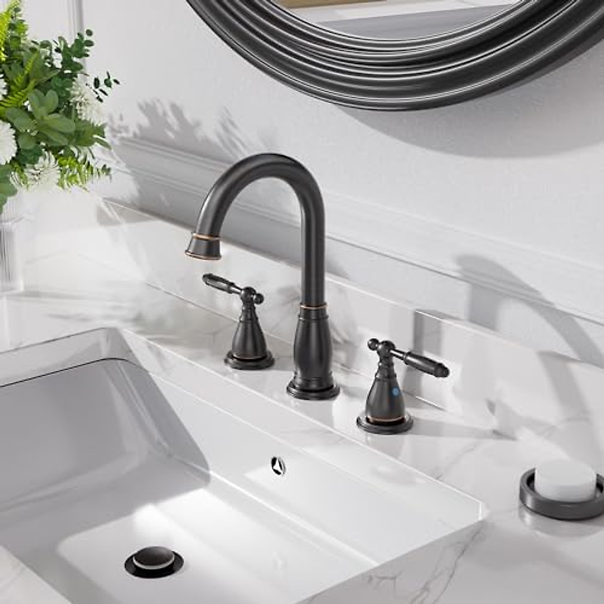 Phiestina 2-Handle 8 Inch 3 Hole Oil Rubbed Bronze Widespread Bathroom Faucets, with Valve and Metal Pop-Up Drain, WF017-4-ORB