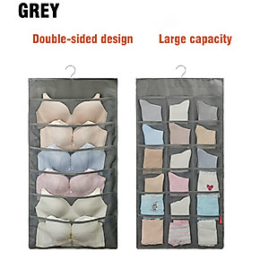 Hanging Bra Closet Organizer and Storage Pockets Wall Organizer 24 Pockets Enlarged Hanging Mesh Pockets Dual Sided Wall Closet Underwear,Bra,Socks,Accessories with Hanger (Grey)