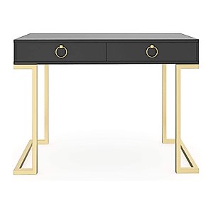 Nathan James Leighton Two-Drawer Writing Glam Accents Brass, Home Office Computer Desk or Vanity Table, 2, Black/Gold