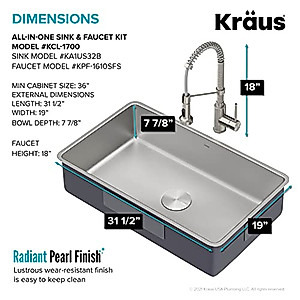 Kraus KCL-1700 Dex 16 Gauge Stainless Steel Single Bowl Sink with Spot Free 18-Inch Commercial Kitchen Faucet with Dual Function Pull-Down Sprayhead in All-Brite
