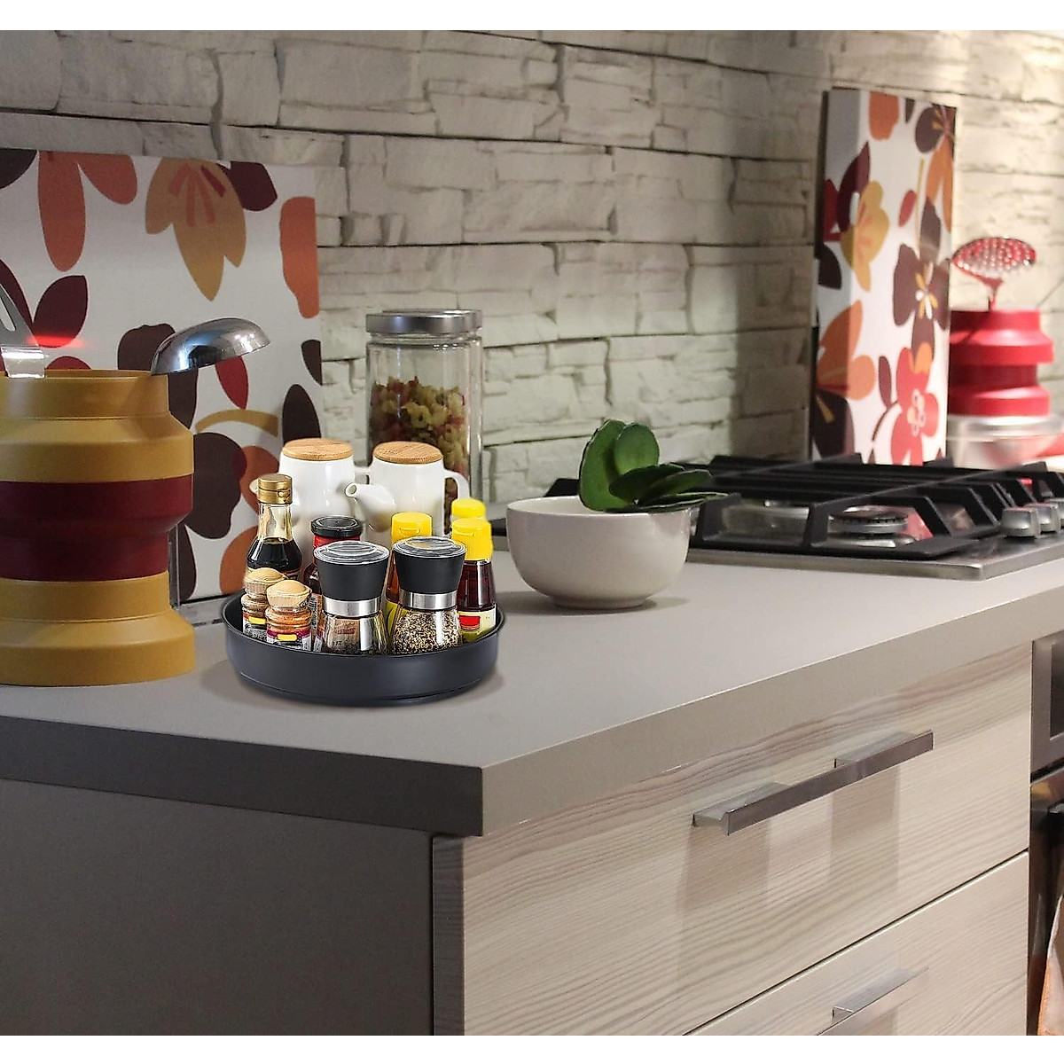 Bwren Lazy Susan Organizer Turntable 360 Degree Rotating Non-Skid Spice Rack Storage Container for Kitchen Cabinet Table Fridge Pantry Seasoning Jar Fruit Snack(Black,7.7 inch) 8 inches BLS002