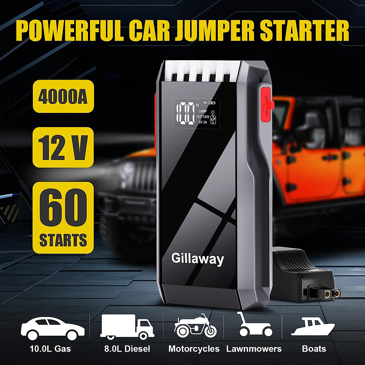 Gillaway 012 Jump Starter Battery Pack, 4000A Peak Car Battery Charger Jump Starter for Up to 10.0L Gas or 8.0L Diesel Engine,12V Car Jumper Starter Portable with Full LCD Screen & LED Light & USB
