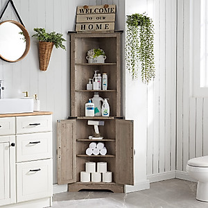 OKD Tall Corner Cabinet, Farmhouse Storage Cabinet with Barn Door Design & Adjustable Shelves, Home Space Saver for Bathroom, Living Room, Light Rustic Oak