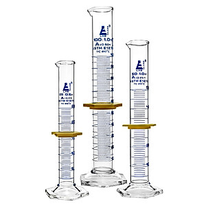 EISCO Premium Graduated Cylinder Set - 25mL, 50mL & 100mL - ASTM, Class A - Protective Collars, Hexagonal Base - Blue Graduations - Borosilicate 3.3 Glass