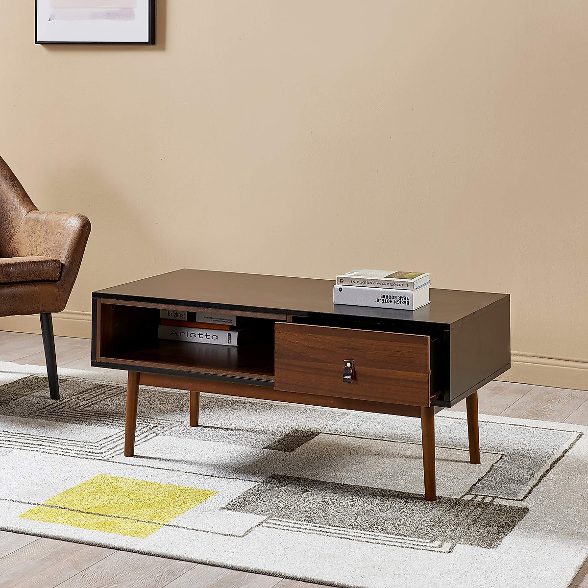 Versanora Reno Coffee Table with Storage Space-Black/Walnut, 39.62" x 21.62" x 17.75"