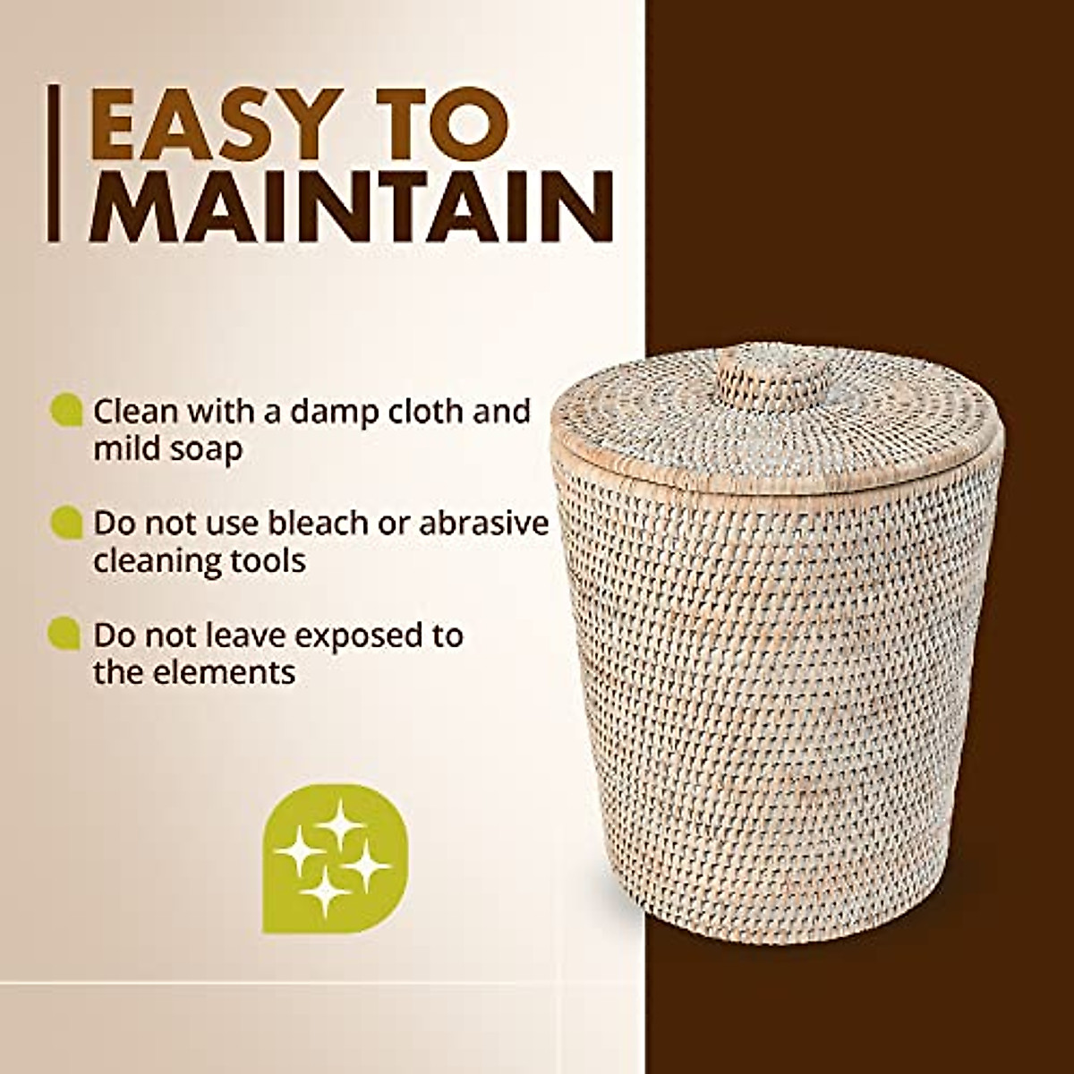 KOUBOO La Jolla Rattan Round Waste Basket With Lid & Plastic Insert, 2 Gallon Woven Wastebasket for Bathroom, Kitchen, Office, Living Room, & Home Decor, White Wash