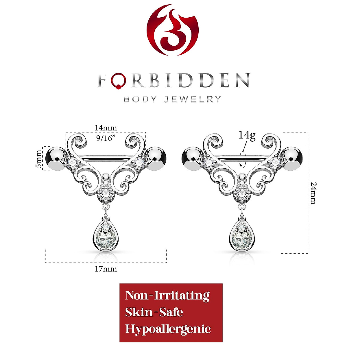 Forbidden Body Jewelry 14g 9/16 Inch (14mm) Surgical Steel Heart Filigree CZ Tear Drop Partial Nipple Shield Barbell Set