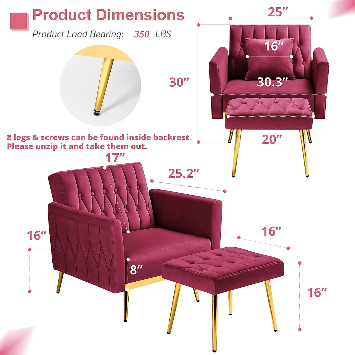 ACMEASE 2 Pieces Velvet Futon Sofa Set with Adjustable Backrests and Armrests, 70” Convertible Sofa Bed & Tufted Accent Chair with Ottoman for Living Room, Fuchsia