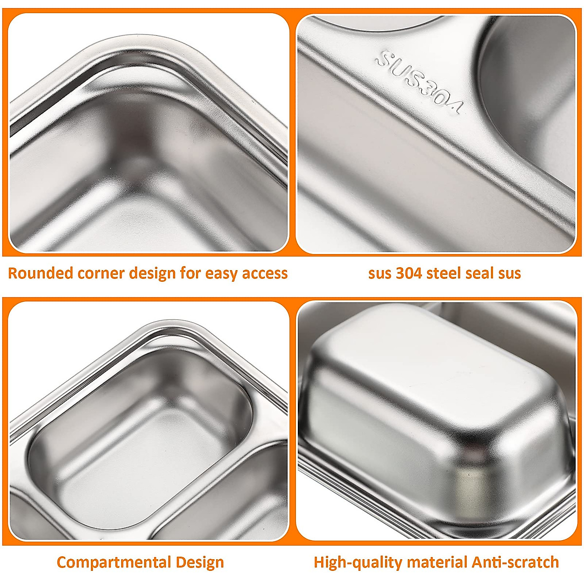 Zopeal 8 Pack 304 Stainless Steel Divided Plates Tray Rectangular Metal Dinner Section Plates for Adults Kids Food Portion Control Camping Lunch(3 Compartment Style)