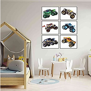 Monster Truck Posters For Boys Room, Set Of 6 Wall Art (UNFRAMED 8"x10") Trucks Poster Boys, Car Posters For Boys Room, Kids Room Wall Art, Car Poster