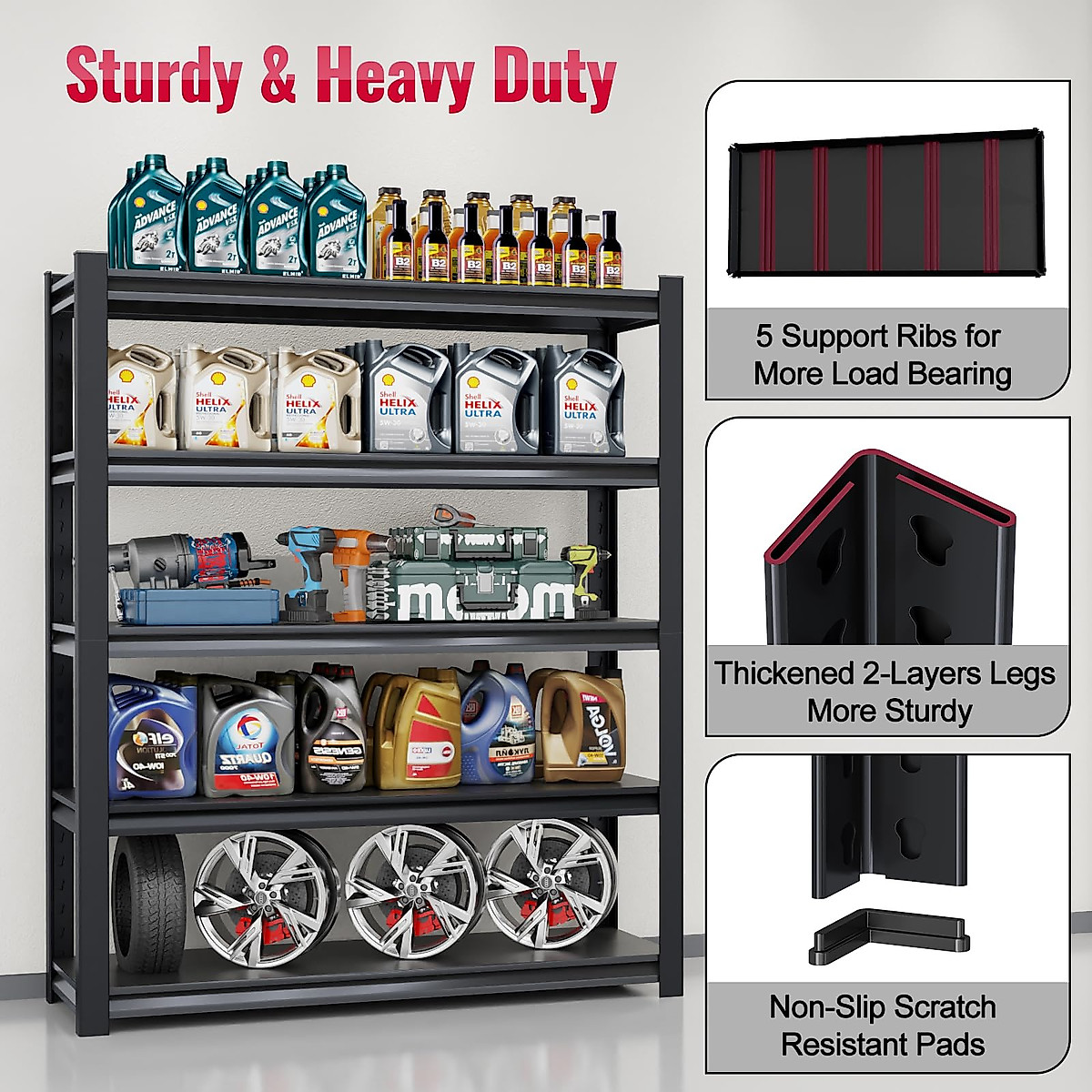 Gadroad Garage Storage Shelves, 5 Tier Adjustable Heavy Duty Shelving Units, 72" H Utility Racks Industrial Metal Shelf Organizer for Pantry, Kitchen, Closet, Basement, 23D x 47.4W x 72.4H, Black