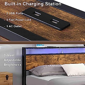RIDFY Bed Frame with LED Lights and 2 USB Ports, Industrial Platform Bed Frame with 2-Tier Storage Headboard, Heavy Duty Camas/Noise Free/No Box Spring Needed/Brown (Full)