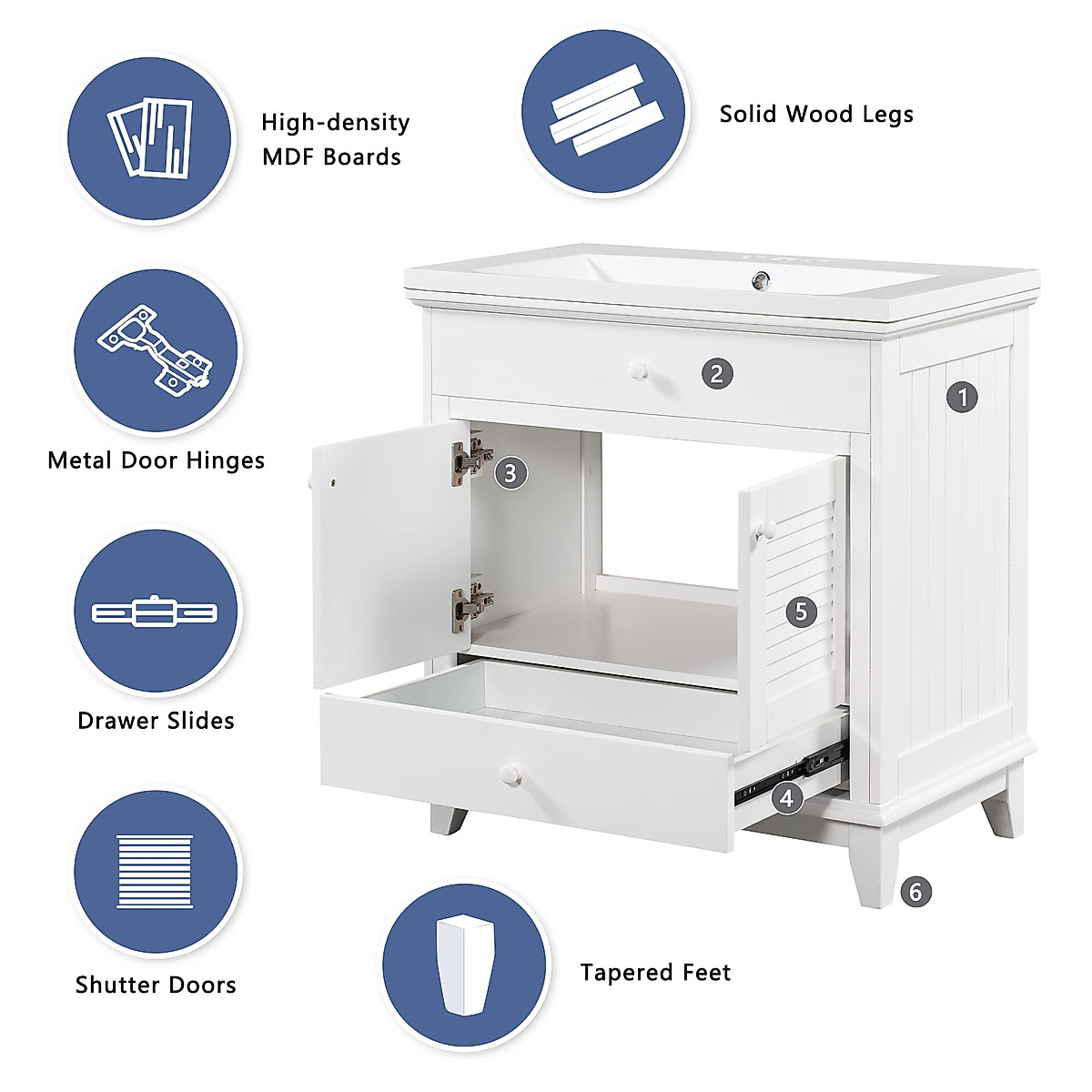 30 Inch Bathroom Vanity Base Only, Storage Cabinet with Doors and Drawer, Solid Wood Frame, White