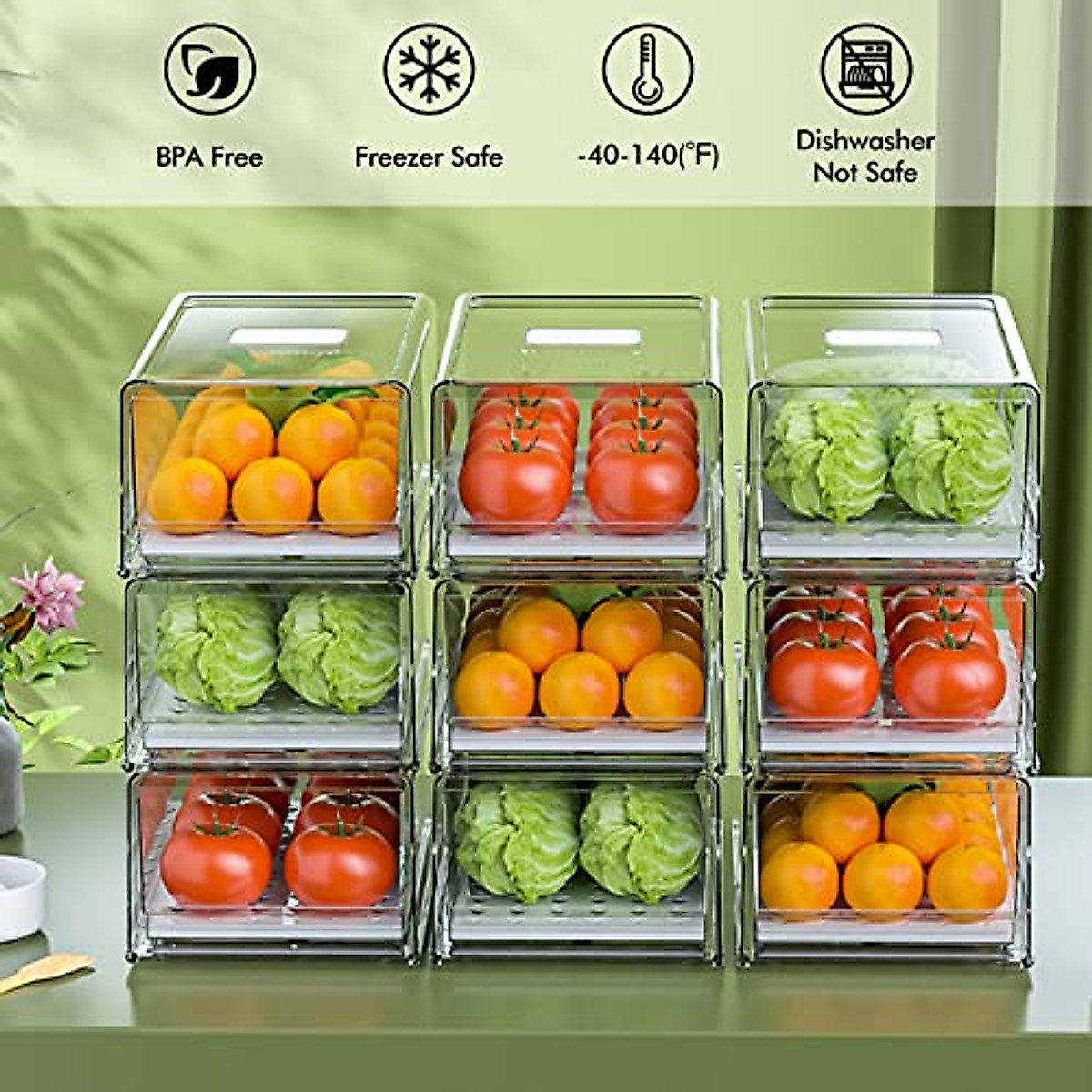 elabo Stackable Refrigerator Organizer Drawers with Removable Drain Tray, Fridge Organizer Bins, Pull Out Food Storage Container Bins with Drawer for Freezer and Kitchen, BPA-Free, Clear