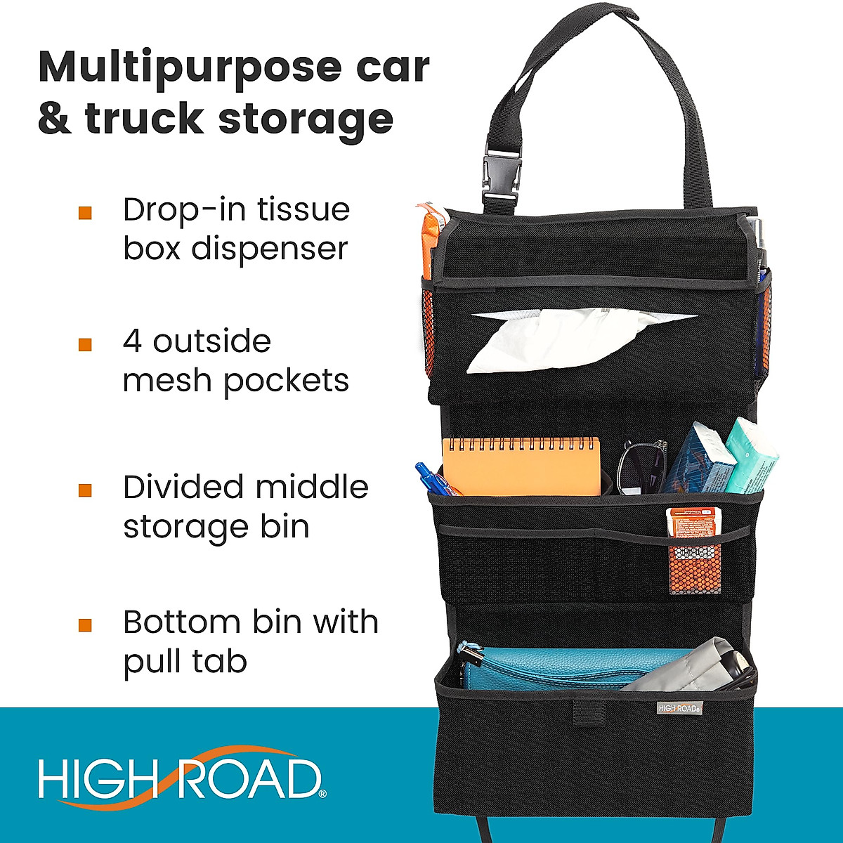 High Road Back of Seat Car Organizer with Tissue Box Holder and Multipurpose Car Storage Pockets for Car, SUV or Truck