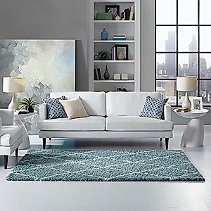 Modway Toryn Diamond Trellis 5x8 High Pile Shag Area Rug With Lattice Design In Aqua Blue and Ivory