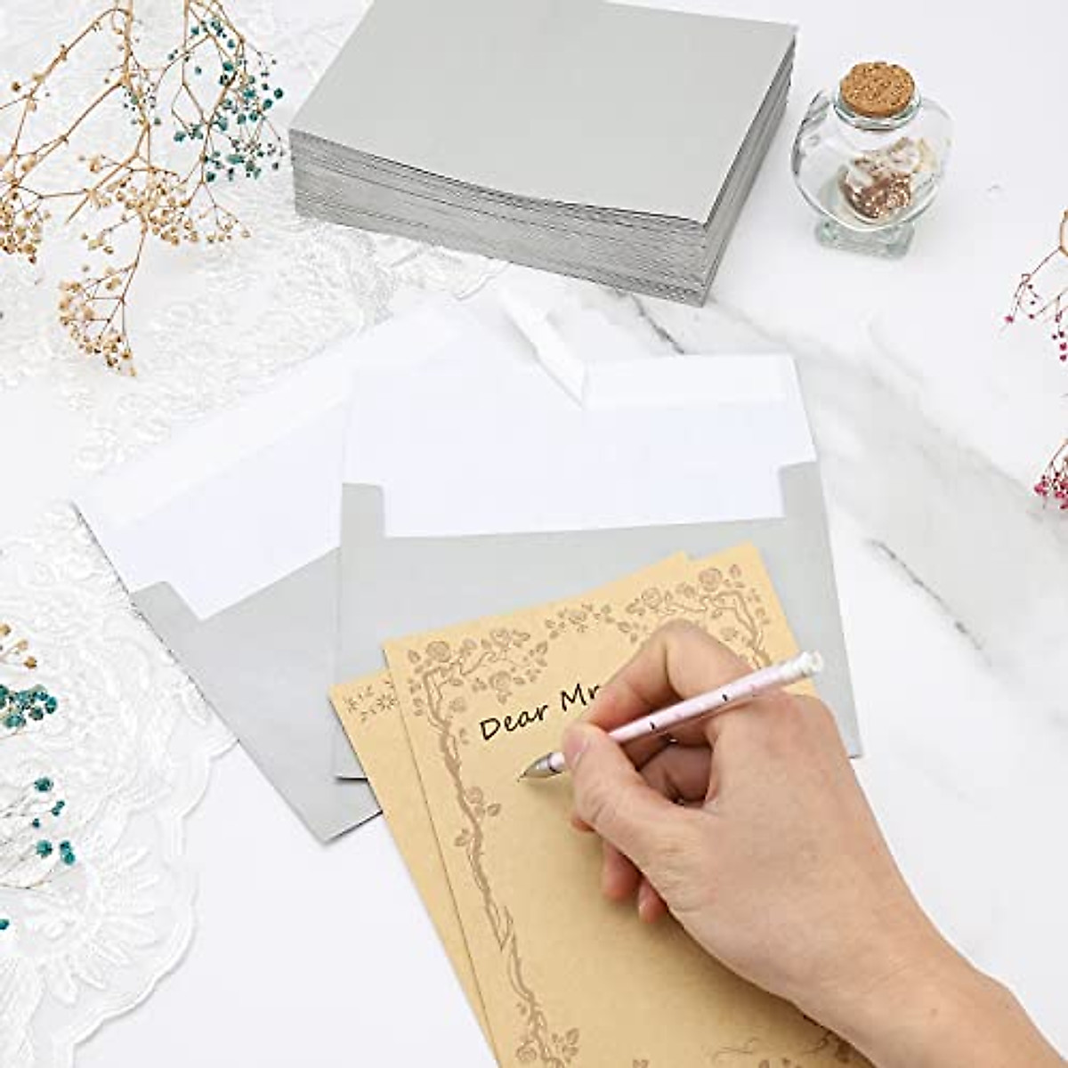 100 Pack Silver A7 Envelopes with 5 x 7 Card Envelopes Bulk Self Adhesive Seal Envelopes Invitation Envelopes for Weddings Invitations Birthday Baby Shower Metallic Silver Envelopes