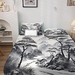 Full Size Sheet Sets - Japanese Bed Sheets, Oriental Ink Painting Bedding Sheets & Pillowcases, Soft Microfiber & Deep Pocket & Wrinkle Free Sheet Set, 1 Fitted Sheet, 1 Flat Sheet, 2 Pillow Cases