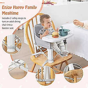 BABY JOY Travel Booster Seat with Double Tray, Folding Portable High Chair Booster Seat for Dining Table, Indoor/Outdoor Use, Camping, Beach, Lawn, Compact Baby Seat with Straps & Carrying Bag