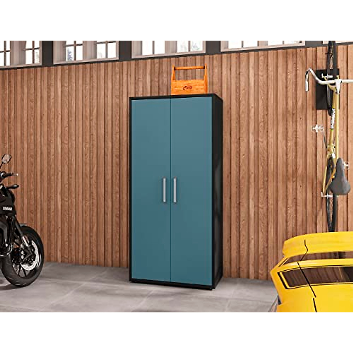 Manhattan Comfort Eiffel 3-Piece Storage Garage Set in Matte Black and Aqua Blue
