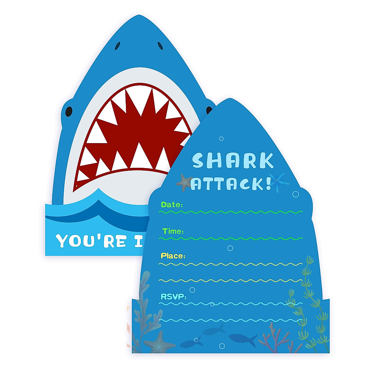 Yangmics Direct 25 Pack Shark Birthday Party Invitations with Envelopes-Double Sided -Shaped Fill-In Invitations-Shark party supplies