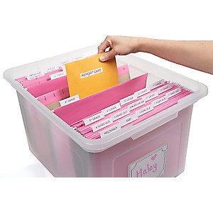 Kid's Craft Memory Keepsake Organizer Box - Clear Storage Latching Bin with Hanging File Folders and Custom Tab Inserts (Pink)