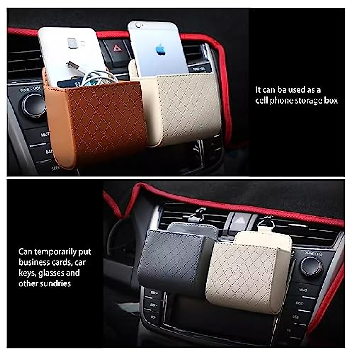 Fogfar 1 PC Car Air Vent Storage Bag, Car Leather Multi-functional Box, Used for Mobile Phones, Key Racks, Sunglasses Storage Boxes, Suitable for Most Cars (Beige)