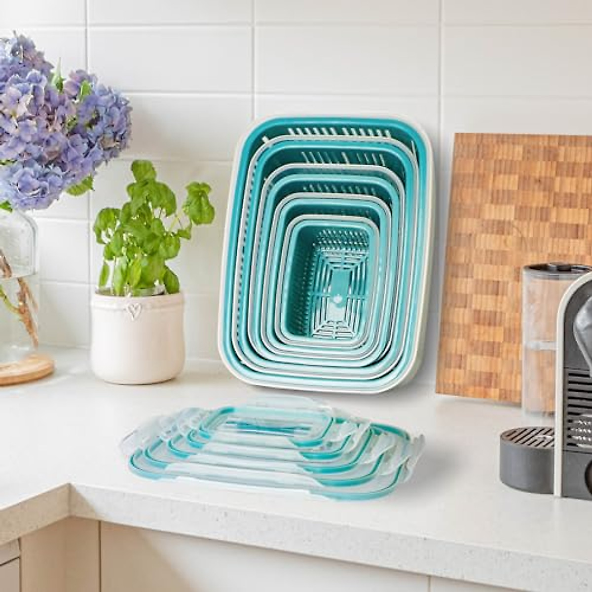 KIGI 5 PACK 204L Vegetable Fruit Storage Containers Set with Drain Basket and Lids for Salad Berry Lettuce Meat Fish