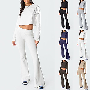 Gumipy Lounge Sets for Women 2 Piece Outfits Long Sleeve Crop Top & Flared Leggings Y2K Fall Outfits Trendy Workout Outfit Sets Cotton Jersey Collection Sweatsuits Yoga Matching Sets Tracksuit