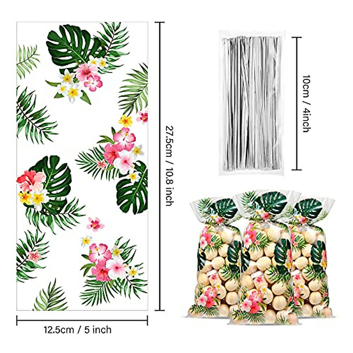 Geyee 100 pcs Hawaiian Luau Cellophane Treat Bags,Summer Tropical Aloha Themed Candy Bags Palm Leaves Hibiscus Goodie Bags with 100 Silver Twist Ties for Kids Birthday Party Favor Bag,Clear,10.8x5 in