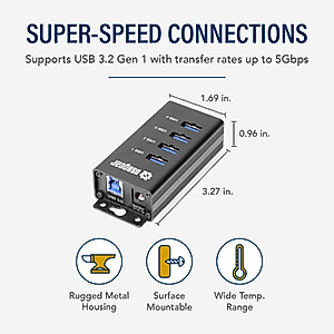 4-Port USB 3.2 Gen 1 Mountable Charging and SuperSpeed Data Hub with 5V/2A Power Adapter and USB Type-A to Type-B Cable Up to 900mA per Port Charging Function Wall and Surface Mounting